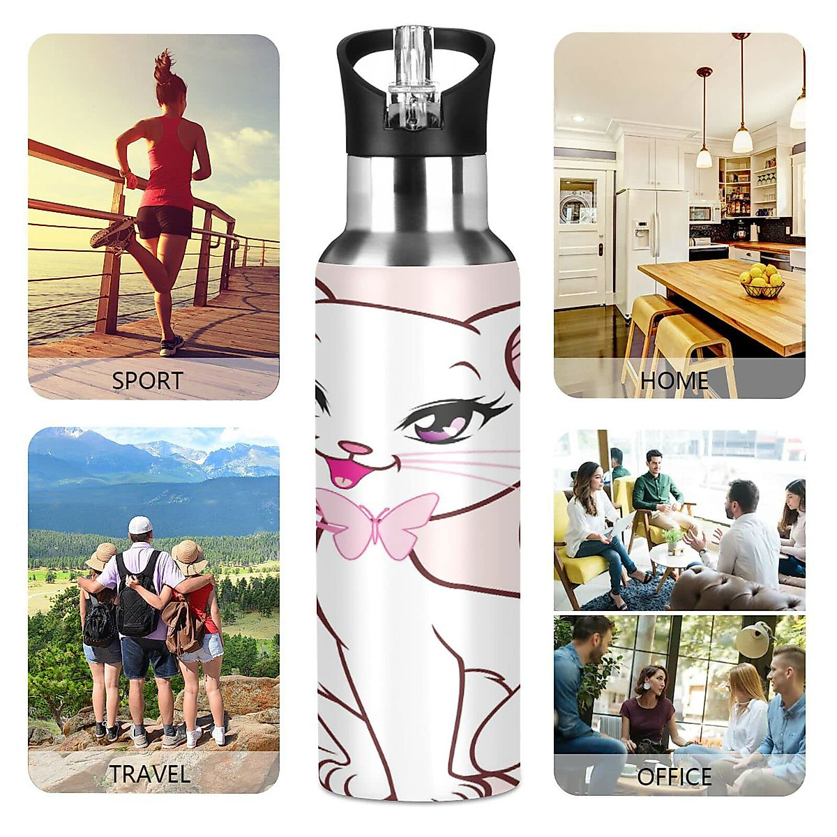 Kigai Cute Cat Water Bottle with Straw Lid 20oz Vacuum Insulated Stainless Steel Sport Water Bottles for Gym, School, Travel