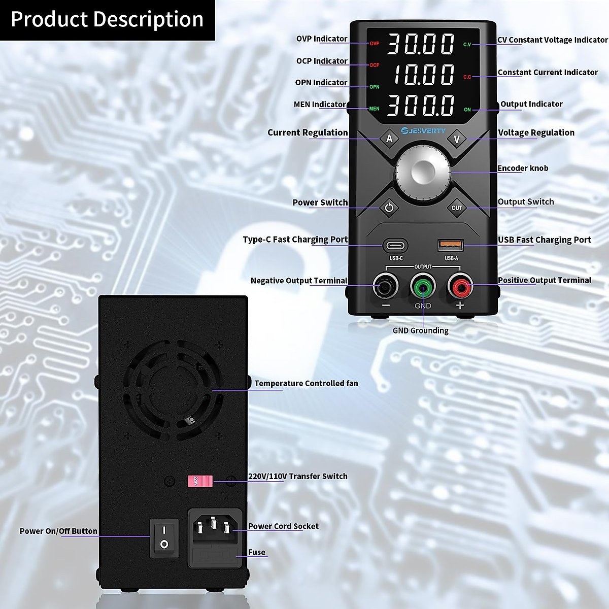 Jesverty DC Power Supply Variable, 0-60V 0-5A Adjustable Switching DC Regulated Bench Power Supply with 20W USB & Type-C Quick-Charge, Encoder Knob, 4-Digit LED Display, Preset Memory - SPS-6005X