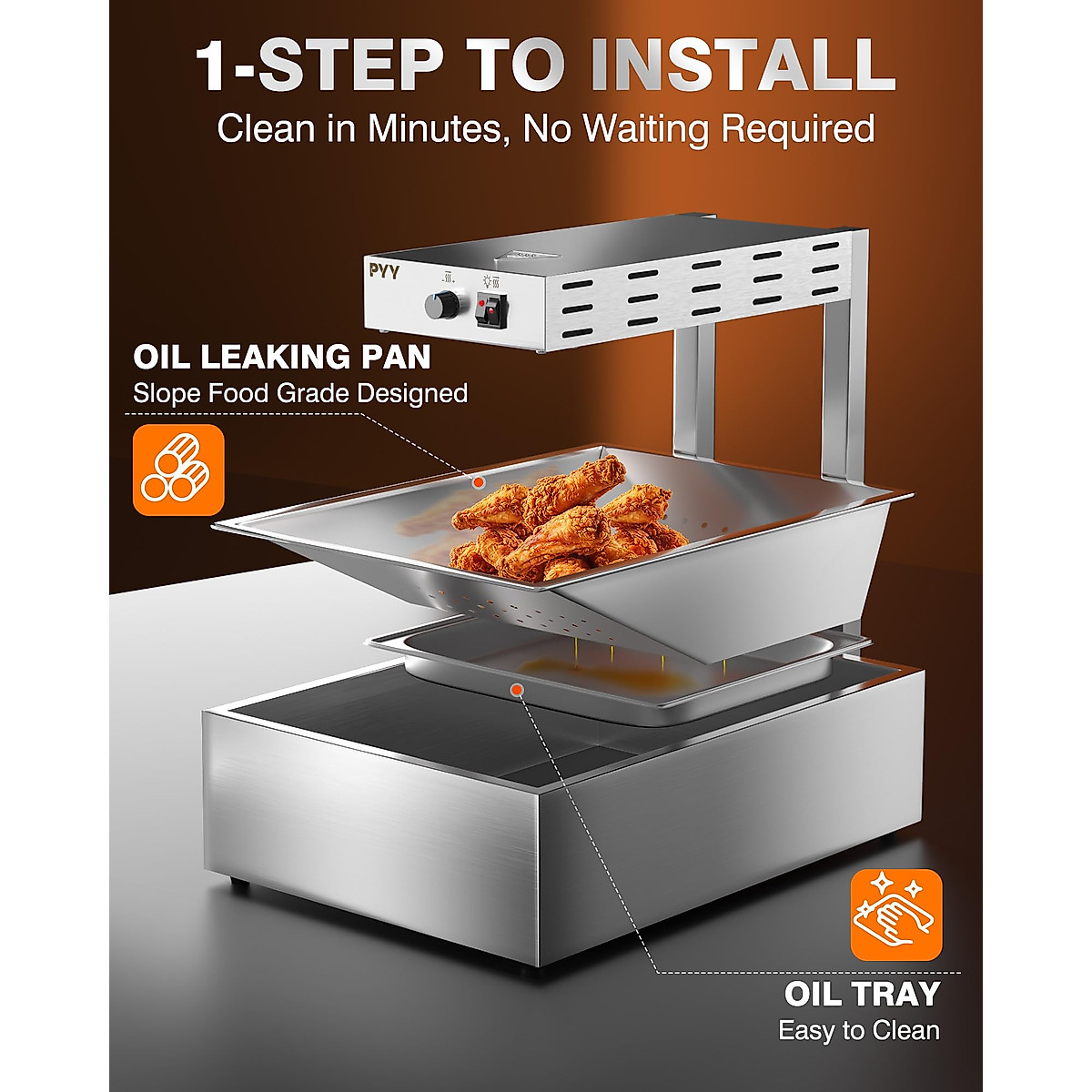 PYY French Fry Warmer Commercial Food Heat Lamp - 500W Food Warmer Light Free-Standing Warming Dump Station 5L Countertop Fries Food Warmer for Chips Churros Buffet Kitchen Restaurants