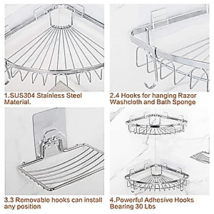 ALAMHI 2 Tiers Corner Shower Caddy Bathroom Shelf with Hooks and Soap Dish, SUS304 Stainless Steel Wall Mounted Adhesive Shower Holder Organizer Shelf, Rustproof No Drilling for Toilet,Shampoo and Kitchen - 2 Pack