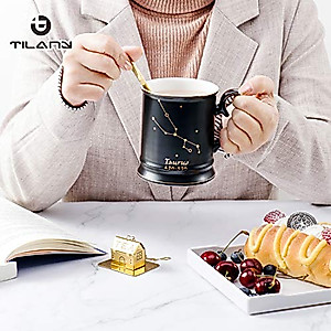 TILANY Ceramic Coffee Mug With Constellation Design - Black Tea Mugs With Golden Spoon & Tea Infuser - Large Porcelain Cups - Coffee Pottery Cup With Zodiac Sign - 13.5oz Cup Gift Set (Taurus)