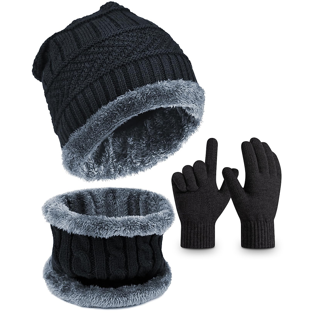 EAONE Kids Winter Hat Gloves Scarf Set, Knitted Toddler Beanie Cap, Mitten Gloves, and Neck Warmer for Boys Girls Aged 5-12