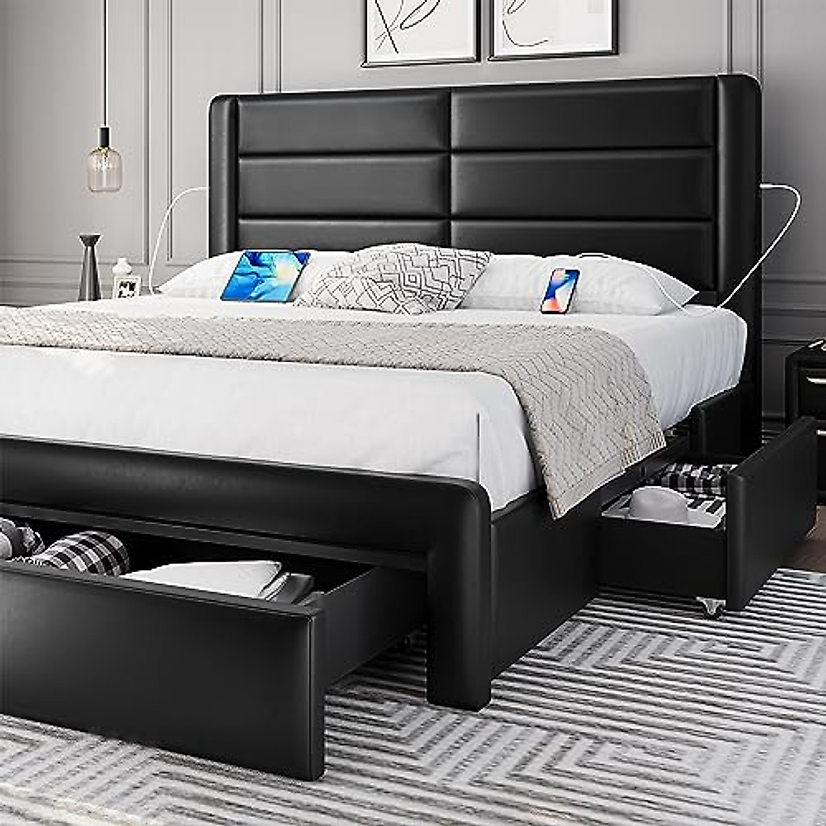 Yaheetech King Size Bed Frame with USB Charging & Storage