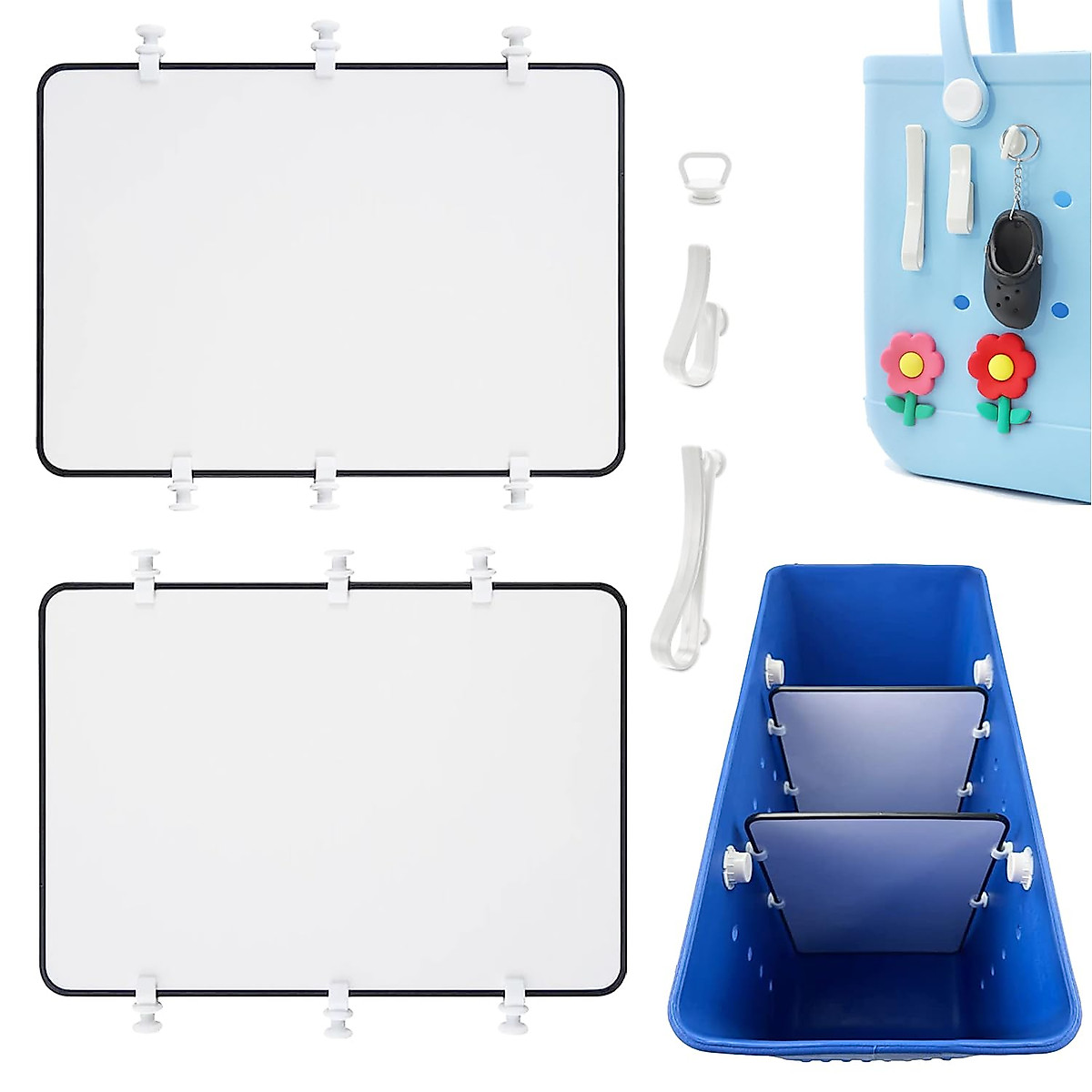 AKDHFGR 2Pcs Divider Tray & 3Pcs Hooks Compatible with Bogg Bag Accessories Inserts,Adjustable Divider Tray for Divide Space Storage,Insert Charms Key Cup Holder Connector, White