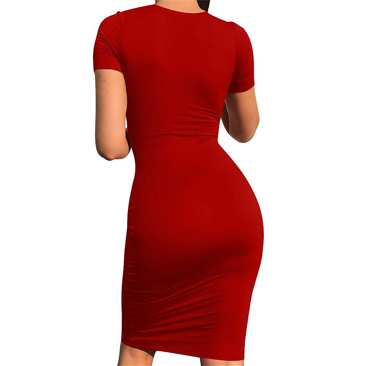 GOBLES Women's Short Sleeve Casual Bodycon Midi Elegant Cocktail Party Dress Red