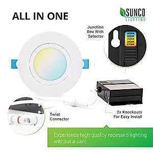 Sunco Lighting 6 Pack Recessed LED Lights Canless 4 Inch Eyeball Gimbal 12W, Selectable 2700K/3000K/3500K/4000K/5000K, Angled Directional Light with Jbox, Ultra Slim Dimmable, ETL