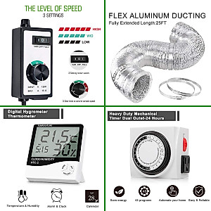BloomGrow 4'' Inline Fan Carbon Filter Ducting Combo + Fan Speed Controller + 24 Hour Timer Outlet+Thermometer Ventilation System for Grow Tent Kit (4'')