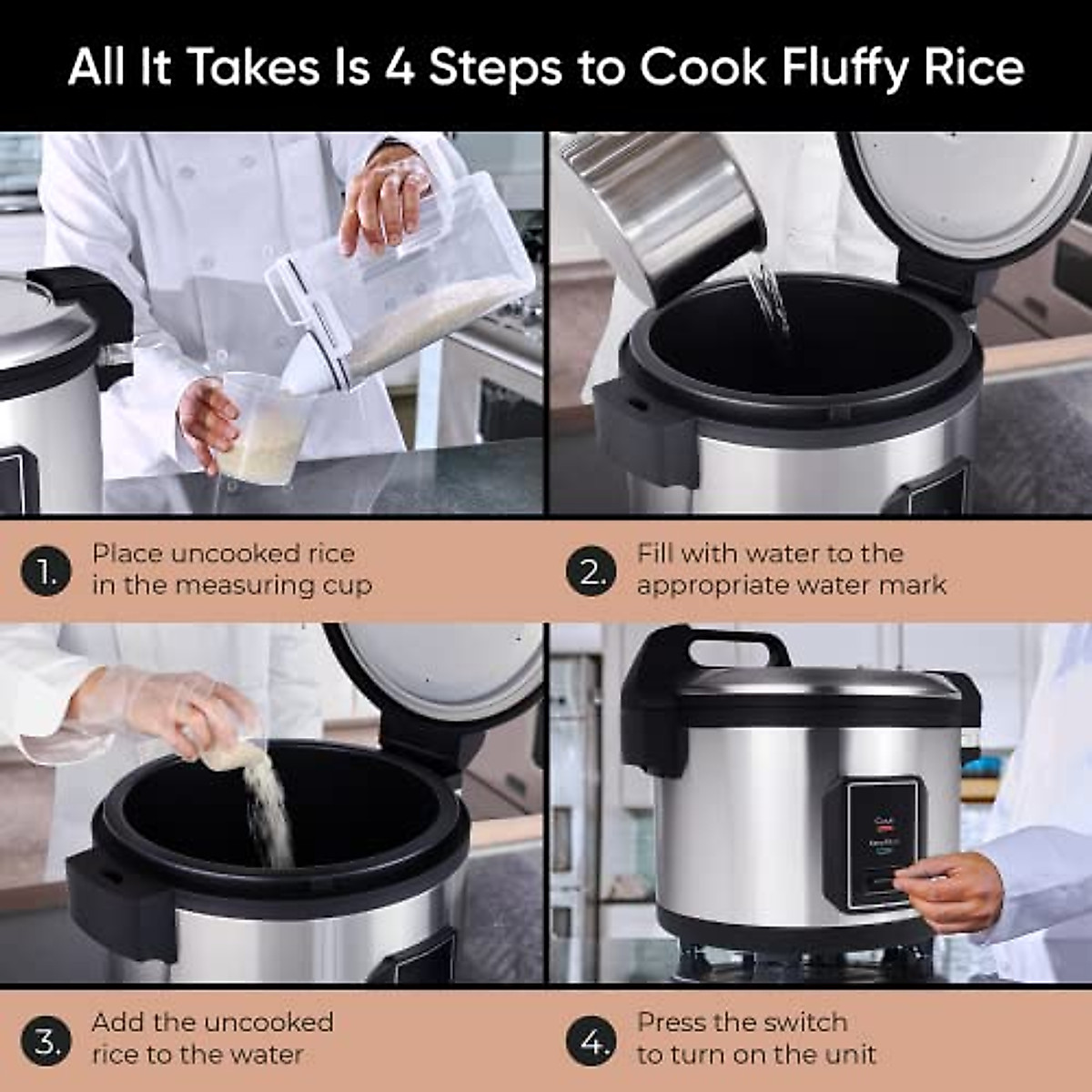 Commercial Stainless Steel Rice Cooker - Professional 64 Cup Cooked (32 Cup Uncooked) Rice Maker Cooker With Non Stick Pot & Hinged Lid - Includes a Rice Measuring Cup & Rice Scoop