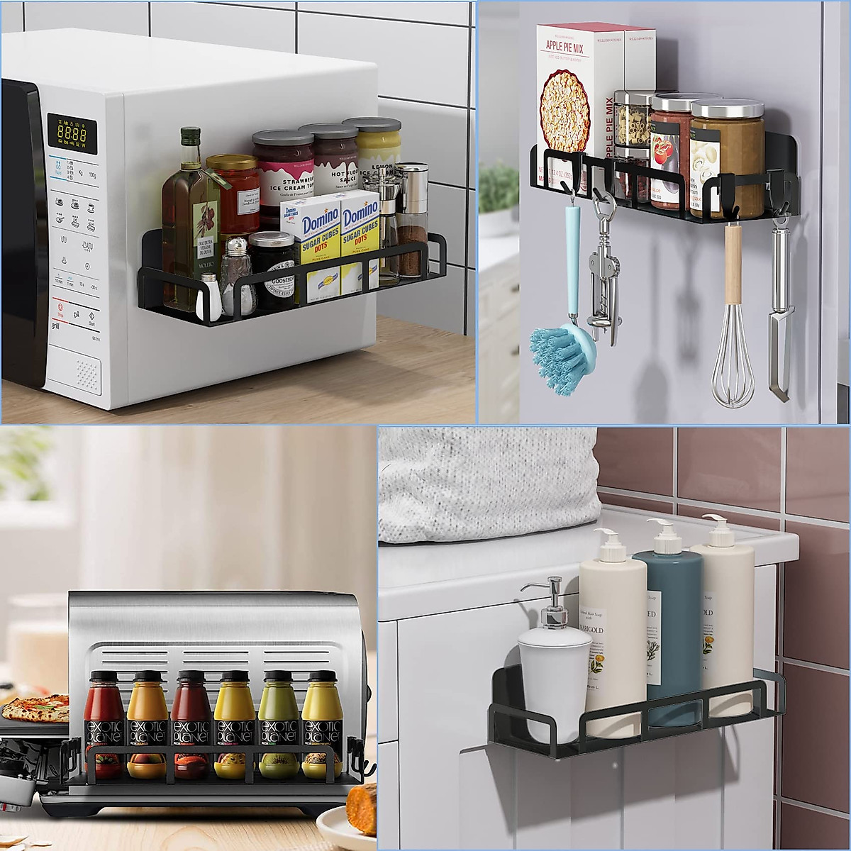 SOSMAR Magnetic Spice Rack, Magnetic Shelf for Refrigerator, Single Tier Fridge Spice Storage Shelf, Space Saver for Kitchen, Metal Cabinet for Holding Spices, Jars, Bottle, Beverage, Pack of 2, Black