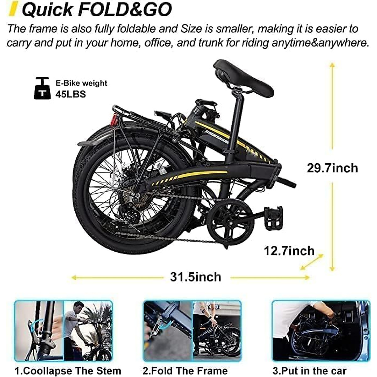 HILAND ROCKSHARK 20 inch Folding Electric Bike for Adults,Electirc Bicycle with 250W Motor,36V 7.8AH Removable Battery Shimano 7-Speed Electric Foldable Bicycles, Urban Ebike for Men Women