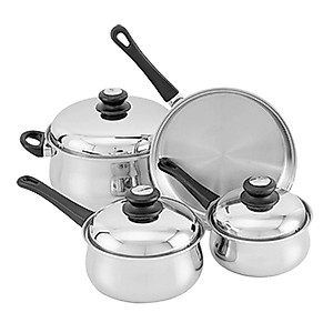 Tuxton Home Nevada 7 Piece Cookware set; Stainless Steel, PFTE & PFOA Free, Freezer to Oven Safe, Induction Compatible; 1QT & 2QT Saucepans, 5QT Dutch Oven, 10" Open Frypan