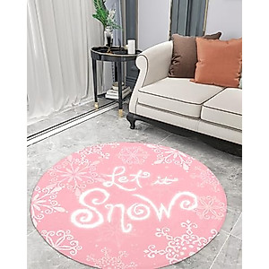 Pink Snowflake Fluffy Round Area Rug Carpets 3.3ft, Plush Shaggy Carpet Soft Circular Rugs, Non-Slip Fuzzy Accent Floor Mat for Living Room Bedroom Nursery Decor Merry Christmas Fantasy Winter Holiday
