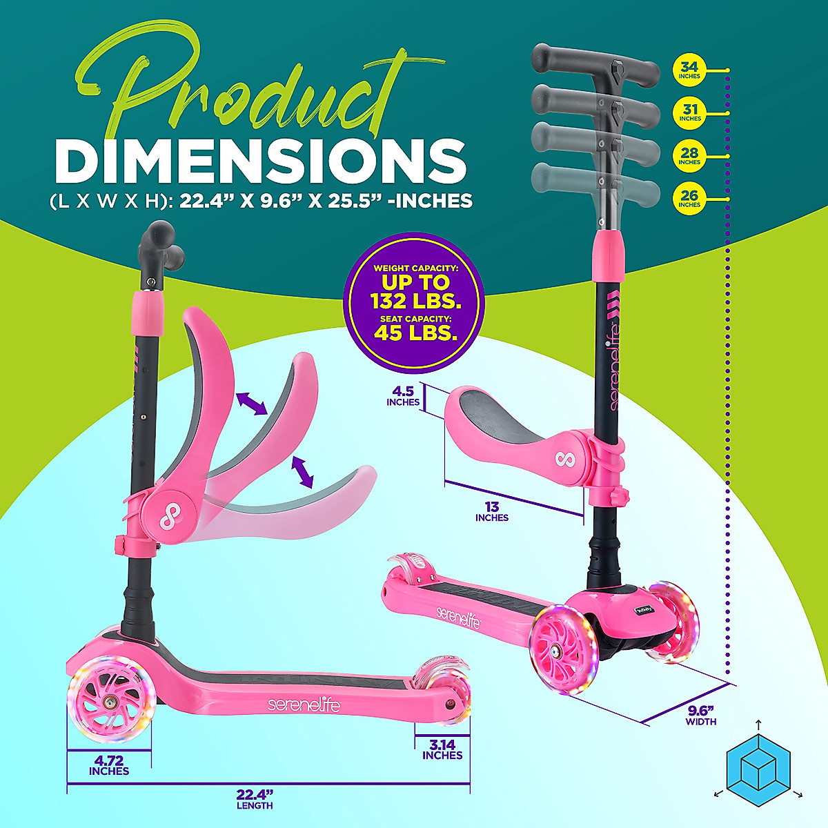 SereneLife 3 Wheeled Scooter for Kids - 2-in-1 Sit/Stand Child Toddlers Toy Kick Scooters w/ Flip-Out Seat, Adjustable Height, Wide Deck, Flashing Wheel Lights, Great for Outdoor Fun -SLKS26 (Pink)