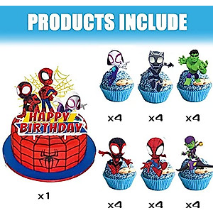 Spidey and His Amazing Friends Birthday Party Supplies Decorations Set with Tablecloth,Plates,Napkins, Banner, Balloons, Hanging Swirls, Cake Cupcake Toppers for Boys Girls Spidey-Theme Party