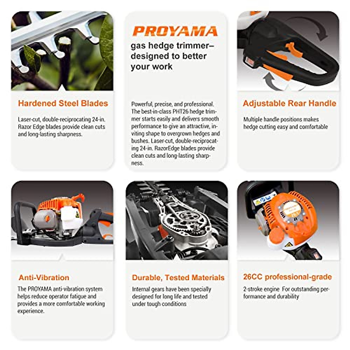 PROYAMA 24-Inch 26cc 2 Cycle Gas Powered Dual Sided Hedge Trimmer with Rotating Handle 2-Year Warranty Less Weight Less Fatigue Suitable for Gardener Professional Landscaper Home User