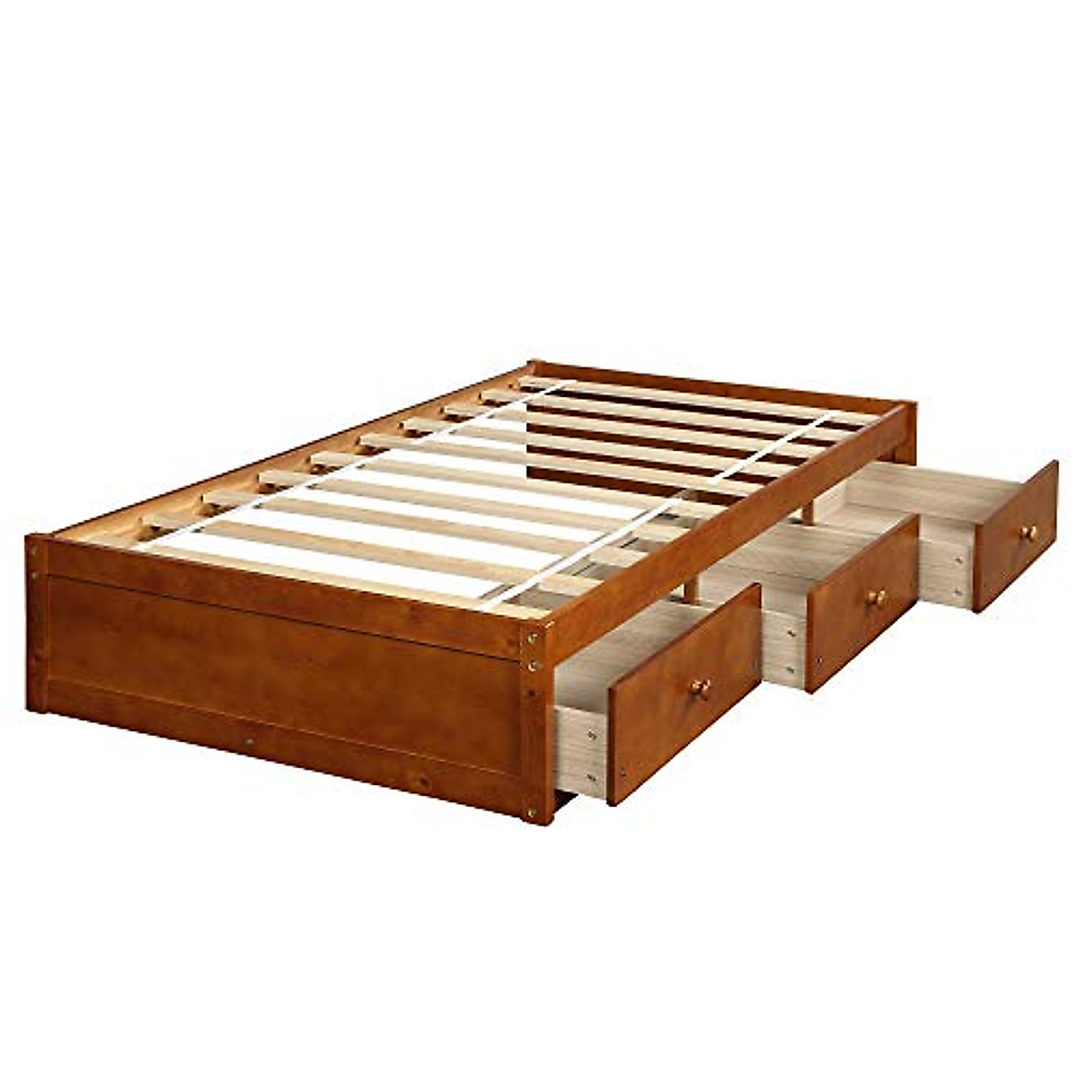 Twin Size Bed with 3 Storage Drawers, Solid Wooden Twin Platform Bed with Support Slats, Twin Bed Frame for Kids Teens, No Box Spring Needed (Twin, Oak)