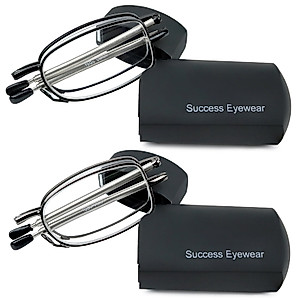 Success Eyewear Reading Glasses 2 Pair Black and Gunmetal Readers Compact Folding Glasses for Reading for Men and WomenCase Included +2