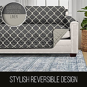 Sofa Shield Couch Slip Cover with Patented Strap, Cushion Protector, Reversible Stain and Dog Tear Resistant Slipcover, Quilted Microfiber 70” Seat Washable Covers, Pet Dogs Quatrefoil Charcoal Linen