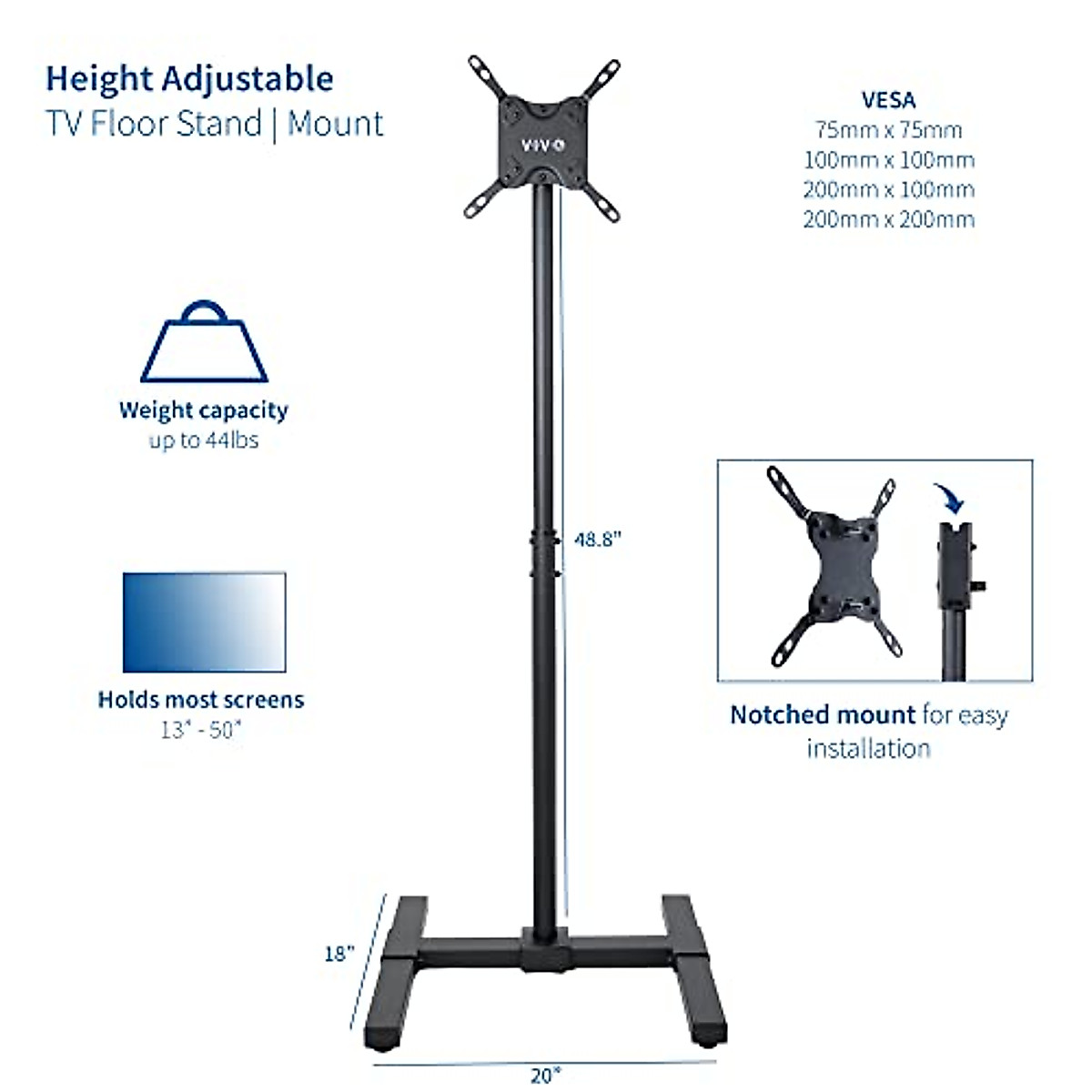 VIVO TV Floor Stand for 13 to 50 inch Flat Panel LED LCD Plasma Screens, Portable Display Height Adjustable Mount STAND-TV07