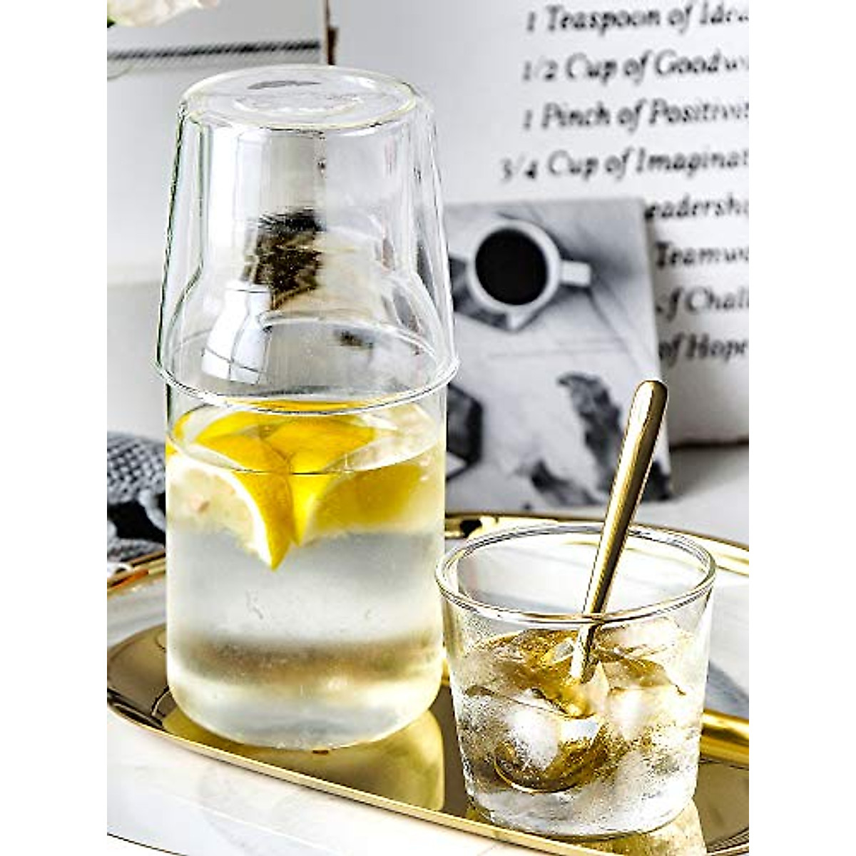 Bedside Water Carafe Set with Tumbler Glass Set for Bedroom Nightstand, Glass Mouthwash Bottle for Bathroom, 14oz/400ml (Clear)