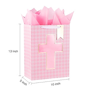 Loveinside Gift Bag with Pink Diamond and Cross Design, Tissue Paper for Baby Girl Baptisms, Christenings, First Communions Religious Occasion - 10" x 5" x 13", 1 Pcs