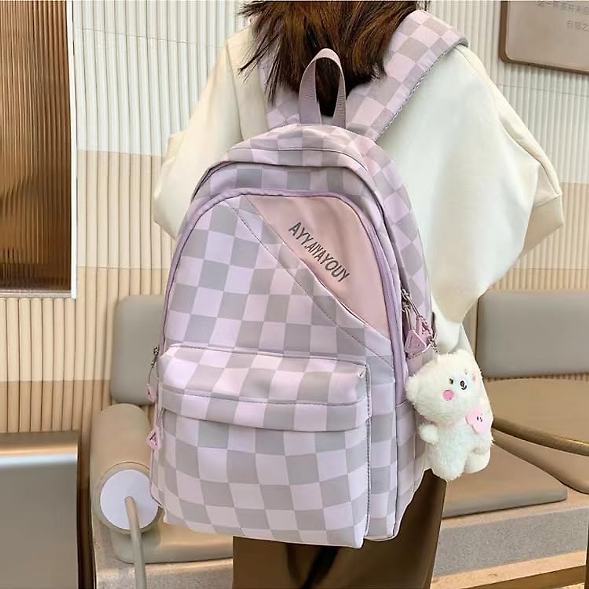 UIVXXUD Kawaii Backpack with Cute Accessories - Water-resistant Nylon, Multiple Compartments, and Pockets for All Your Essentials (Pink)
