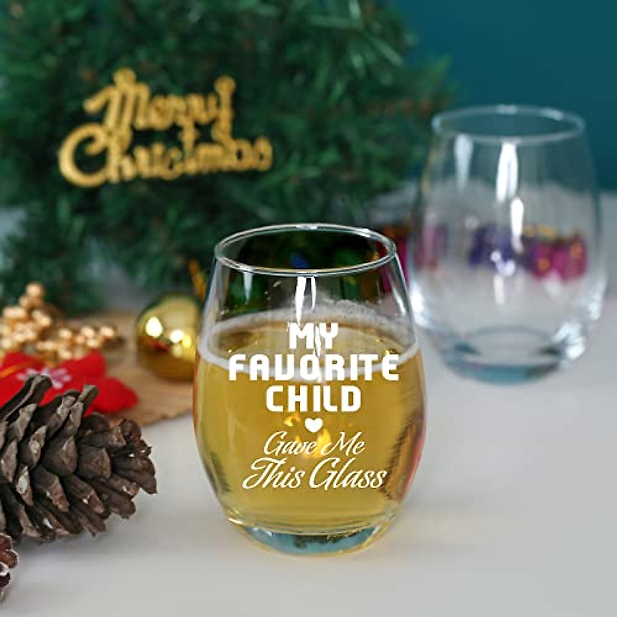 My Favorite Child Gave Me This Funny Wine Glass, Funny Stemless Wine Glass for Mom and Dad, Mother's Day Father's Day or Birthday Glass for Women Mom, Men, Dad from Daughter Son, 15Oz