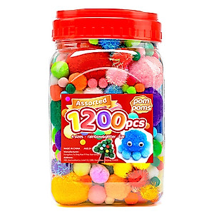 Iooleem Multi-Color Pom Poms, 1400pcs Assorted Size & Color, Pom Poms for Arts and Crafts, Pom Pom Balls with Wiggle Eyes in jar, Glitter Pom Poms, Craft Supplies.