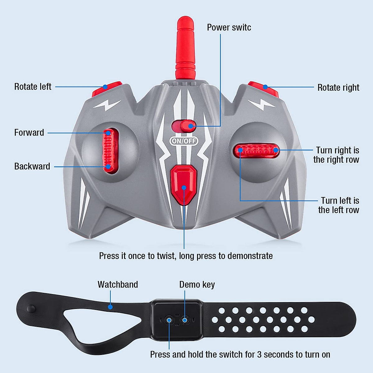 Powerextra LED Remote Control Car, 4WD 2.4GHz Gesture Sensing Rc Stunt Car, Double Sided 360°Rotating Transform Off Road Car with Light, Toy Cars for 6-12 Year Old Boys & Girls - Red