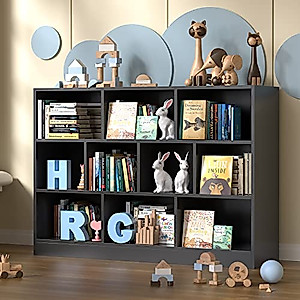 Cozy Castle Black Wood Bookshelf, 3-Tier Open Shelf Bookcase, 10 Cube Storage Organizer with Anti-Tilt Device for Bedroom, Living Room, 55.12" W x 11.61“D x 40.95“H