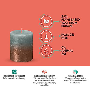 BOLSIUS 4 Pack Eucalyptus Green/Copper Sunset Rustic Metallic Pillar Candles - 2.75 X 3.25 Inches - Natural Eco-Friendly Plant-Based Wax - Unscented Dripless Smokeless 35 Hour Quality European Candles