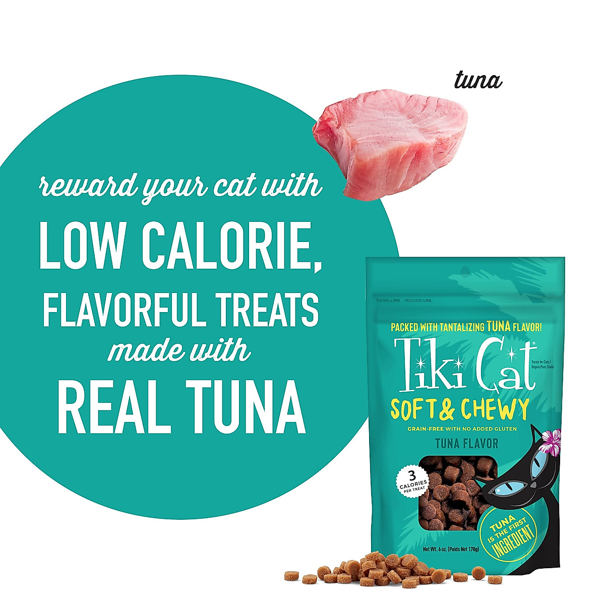 Tiki Cat Soft & Chewy Treats, Tuna Flavor, 3 Calories Per Treat with Grain-Free and No Added Gluten, 6 oz Pouch (Pack of 1)