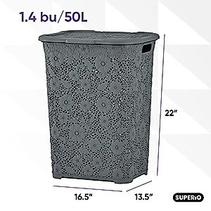 Superio Laundry Hamper with Lid Lace Design 50 Liter - Grey Laundry Hamper Basket With Cutout Handles, Rectangular Shape Modern Style Bin - Dirty Cloths Storage