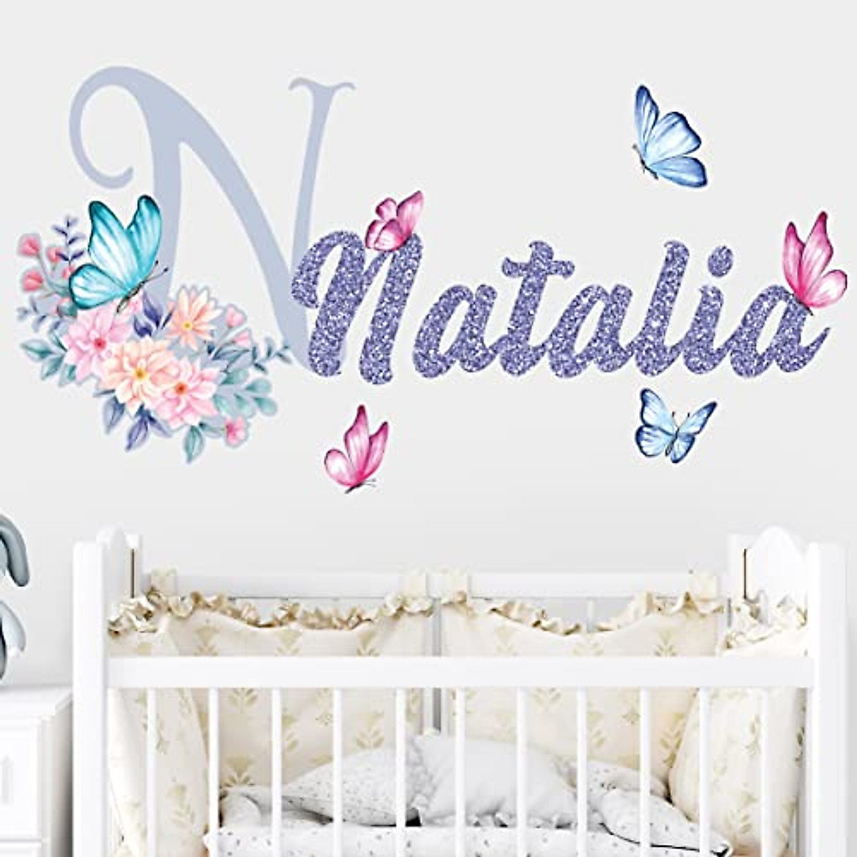 Kyle Cornhole Custom Name & Initial Letter Wall Decal - Flowers Butterfly Stickers for Girls Bedroom Flower WallPersonalized Room Baby Nursery Decals Butterflies ations Gold Letters, Green