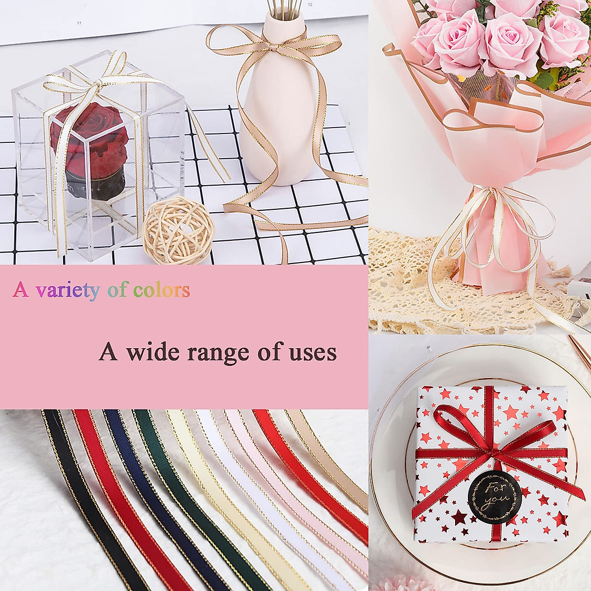 YASEO 25 Yards 1 Inch White Satin Ribbon with Gold Edges, Gold Border Fabric Ribbons for Gift Wrapping and Crafts