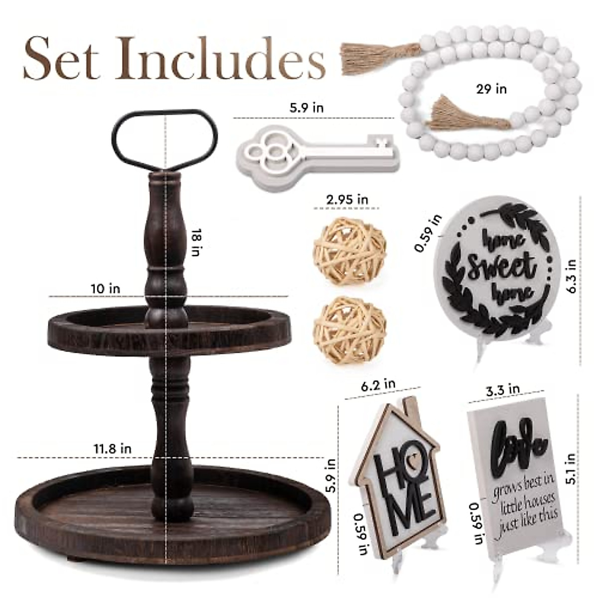 Trasl 2 Tier Serving Tray Farmhouse with 7pc Decoration Set. Kitchen Decor Rustic Serving Stand Wood Serving Tray. Coffee Table Tea Tray Tables & Cupcake Stand Decorative Tray Wooden Tray Room Decor