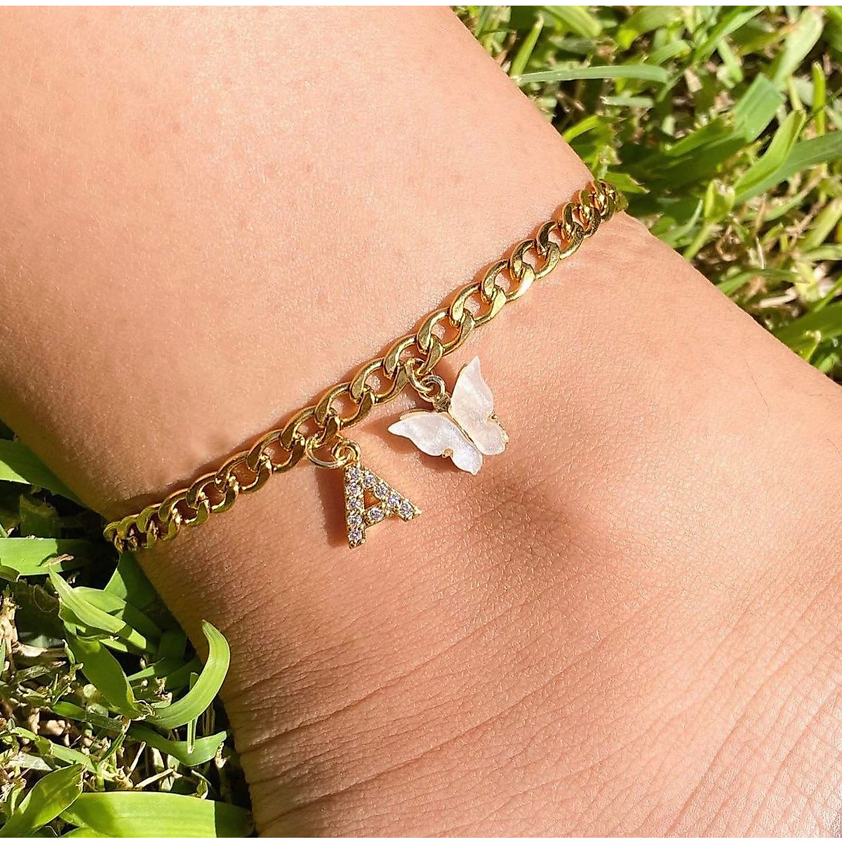 VIROMY 14K Gold Plated Dainty Butterfly Initial Ankle Bracelets Handmade Cuban Chain White Butterfly A Alphabet Letter Initial Anklets Personalized Summer Beach Jewelry Gifts for Women A