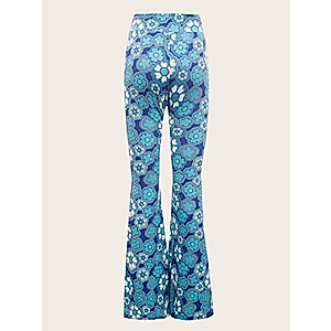 WDIRARA Women's Elastic High Waist Allover Print Floral Bell Bottom Flare Leg Long Pants Blue and White S