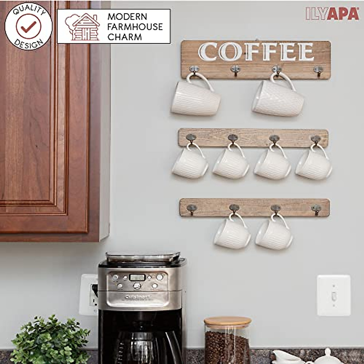 Ilyapa Rustic Wooden Coffee Mug Rack, Wall Mounted Mug Holder for Cups - 12 Hook Brown Wooden Display Rack for Kitchen Storage and Mug Collection