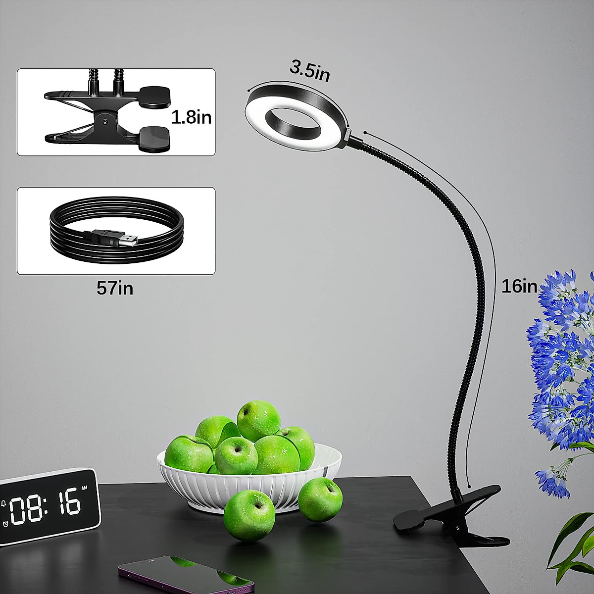 Juhefa Clip on Light, USB Powered LED Desk Lamp with Gooseneck for Reading in Bed, Headboard, Office, Makeup, 10-Level Dimmable, 3 Colors Changable (with Adapter)