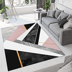 BOWESI Pink Gold Geometric Marble Area Rugs, Grey White Pink Black Marble Living Room Decor Rug, Fluffy Soft Washable Breathable Durable for Hotel Home Decor Entrance Hall Yoga Room Patio, 3 x 5ft