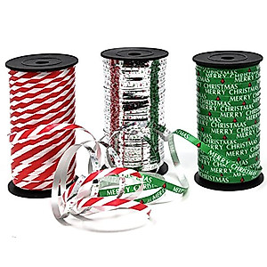 Christmas Curling Ribbon Pack of 3 Rolls Green, Red & White Stripes, and Metallic Silver; Holiday Party Crafts Supplies Decorations- 100 Yards Per Roll - Total of 900 Feet; by Gift Boutique