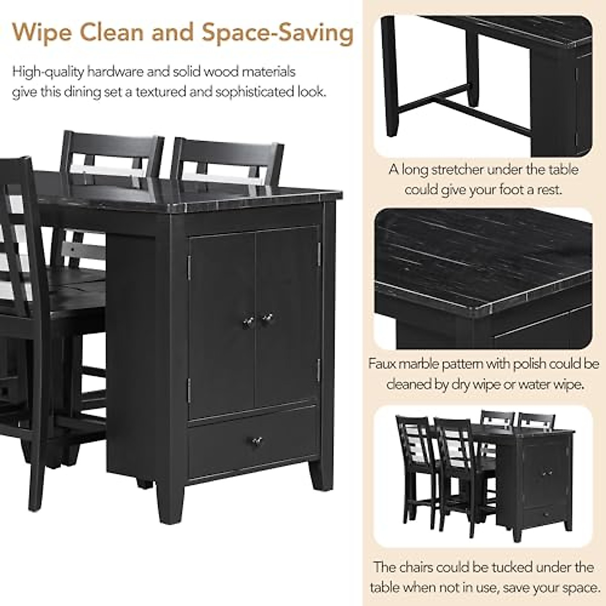 Aiuyesuo Rustic 5-Piece Dining Table Set with Faux Marble Tabletop, Rectangle Dining Table with Storage Cabinet and Drawer, Solid Wood Counter Height Table Set for Dining Room Kitchen (Black-SGH05)