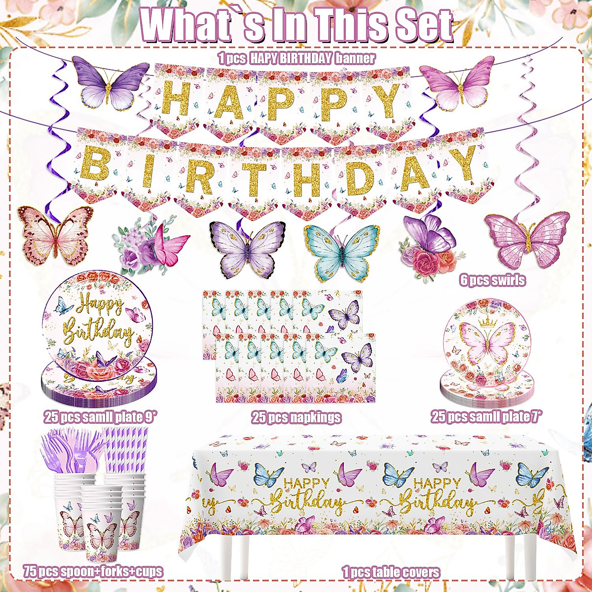 Yingoto 164pcs Butterfly Birthday Decorations Tableware Set, Butterfly Baby Shower Decorations, Butterfly Birthday Party Supplies Tableware for Girl Baby Shower Birthday Decorations