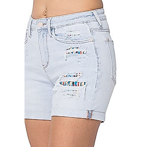 Judy Blue Women's High-Rise Cuffed Printed Lining Shorts (Light Blue, Large)