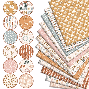 Whaline 12Pcs Boho Cotton Fabric Bundles Boho Rainbow Sun Circle Raindrops Fat Quarters Sewing Fabrics for DIY Handmade Crafting, 18 x 22 Inch