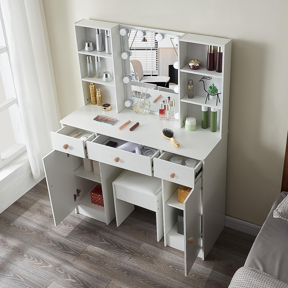 JBLCC Makeup Vanity Desk with Lights Mirror, Large Vanity Desk with Storage Shelf & Drawers,Makeup Vanity Dressing Table with Cushioned Stool for Bedroom (jbl 3072)