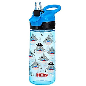 Nuby Push Button Flip-it Soft Spout Tritan Water Bottle, Blue Sharks, 18 Oz