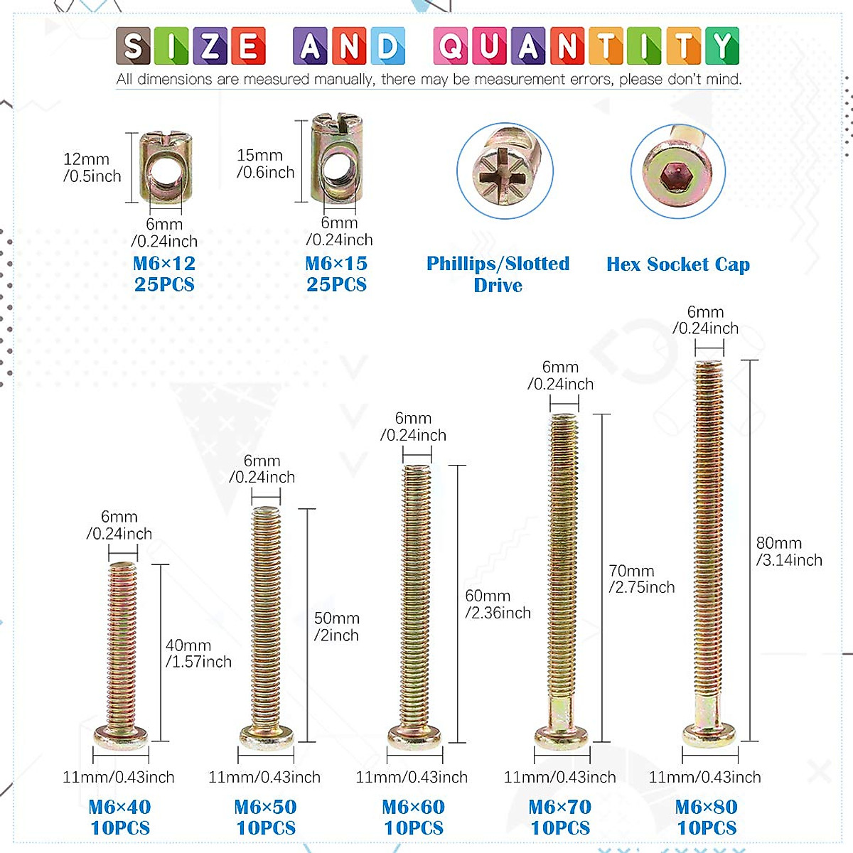 Glarks 100Pcs Zinc Plated M6 x 40/50/60/70/80mm Hex Socket Head Cap Screws Bolts Furniture Crib Bolts with Barrel Nuts Assortment Kit