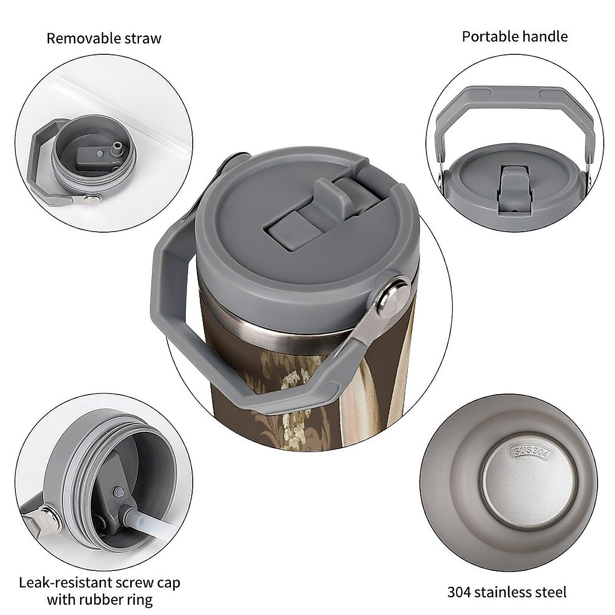 30oz Stainless Steel Insulated Tumbler with Flip Lid & Straw, Leakproof Travel Mug for Car, A Beautiful White Rabbit Double Wall Vacuum Thermal Coffee Cup with Handle, Spill-Proof Design for Hot/Cold